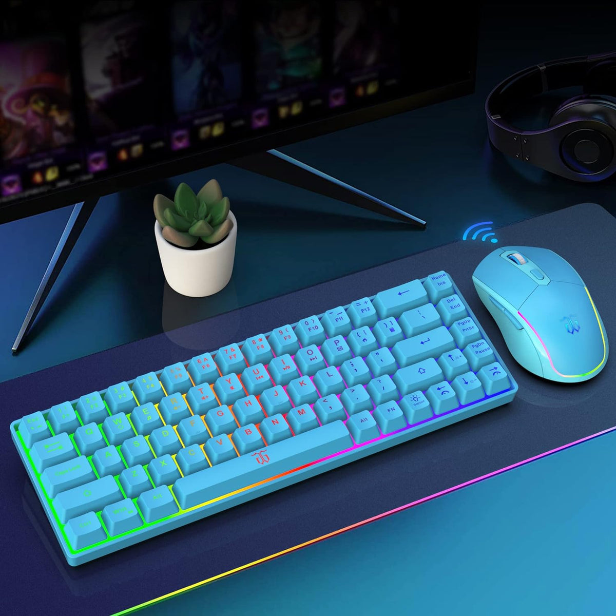Snpurdiri 60% Blue Wireless Gaming Keyboard and Mouse Combo,LED Backli ...