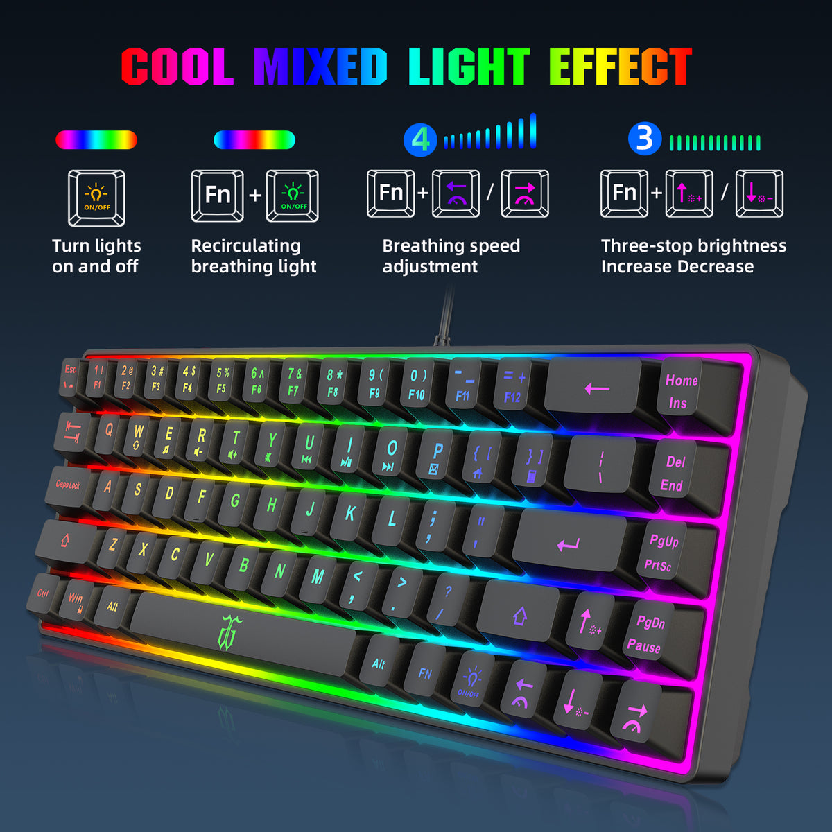 Snpurdiri 65% Membrane Wired Gaming Keyboard, Rainbow Backlit Mini Key ...