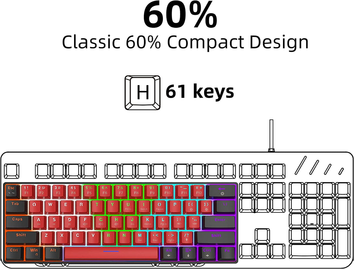 Snpurdiri 60% Wired Mechanical Keyboard , Black-Red, Red Switches ...